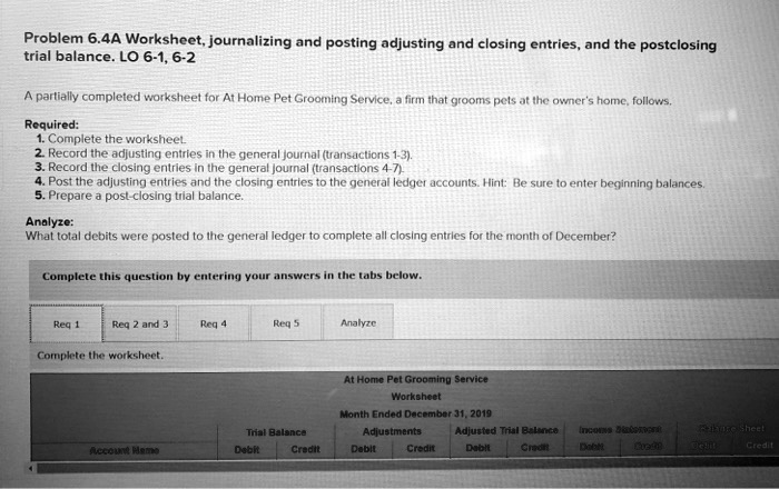 Problem 6.4A Worksheet, journalizing and posting adjusting and closing entries, and the ...