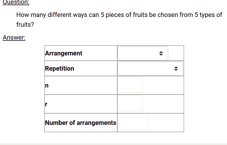 Question: How many different ways can 5 pieces of fruits be chosen from 5 types of fruits ...