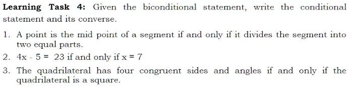 SOLVED: Given the biconditional statement, write the conditional statement and its converse: A ...