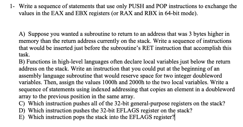Write A Sequence Of Statements That Use Only Push And Pop Instructions 5641