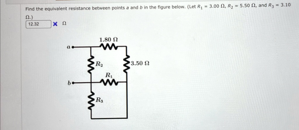 Find the equivalent resistance between points a and b in the figure below. (Let R1 = 3.00 Ω, R2 ...