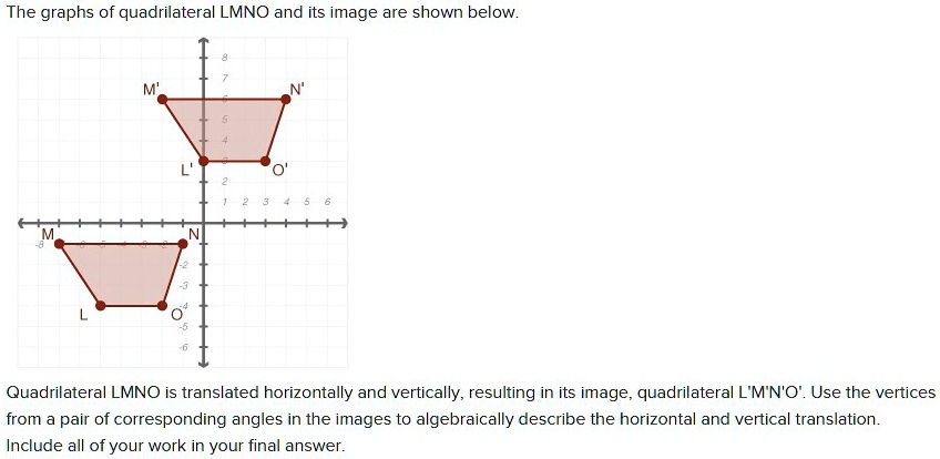 The graphs of quadrilateral LMNO and its image are shown below. Quadrilateral LMNO is translated ...
