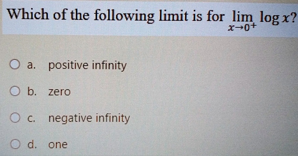 SOLVED: Which of the following Limit is for lim logx? X0t 0 a; positive ...