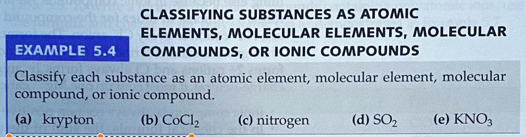 SOLVED: CLASSIFYING SUBSTANCES AS ATOMIC ELEMENTS, MOLECULAR ELEMENTS ...