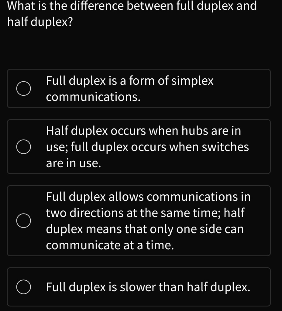 What is the difference between full duplex and half duplex? Full duplex is a form of simplex ...