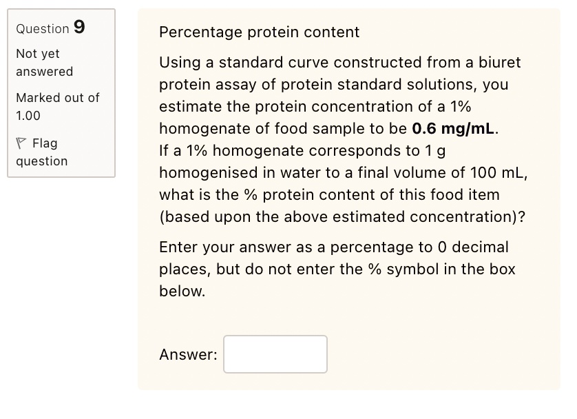 SOLVED: Question 9 Percentage protein content Using standard curve ...