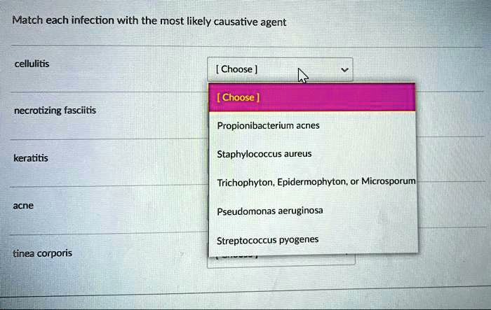 SOLVED: Match each infection with the most likely causative agent ...