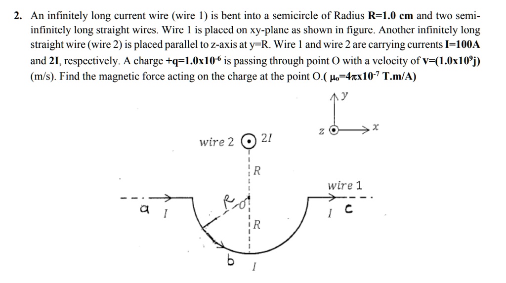 SOLVED: An infinitely long current wire (wire 1) is bent into a semicircle of Radius R = 1.00 cm ...