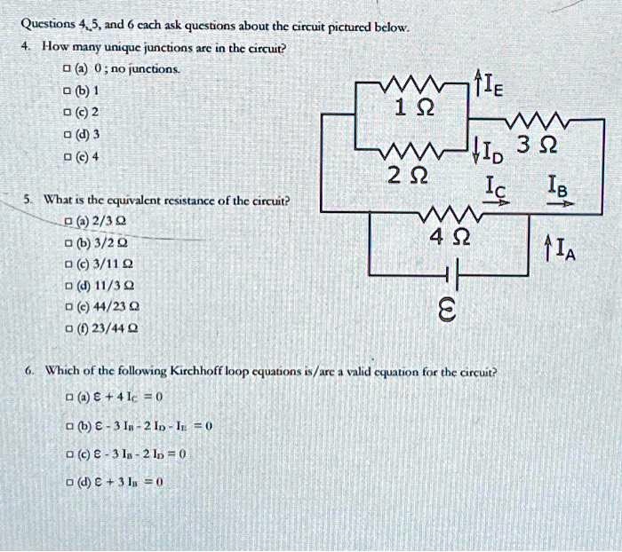Questions 4,5, and 6 each ask questions about the circuit pictured ...