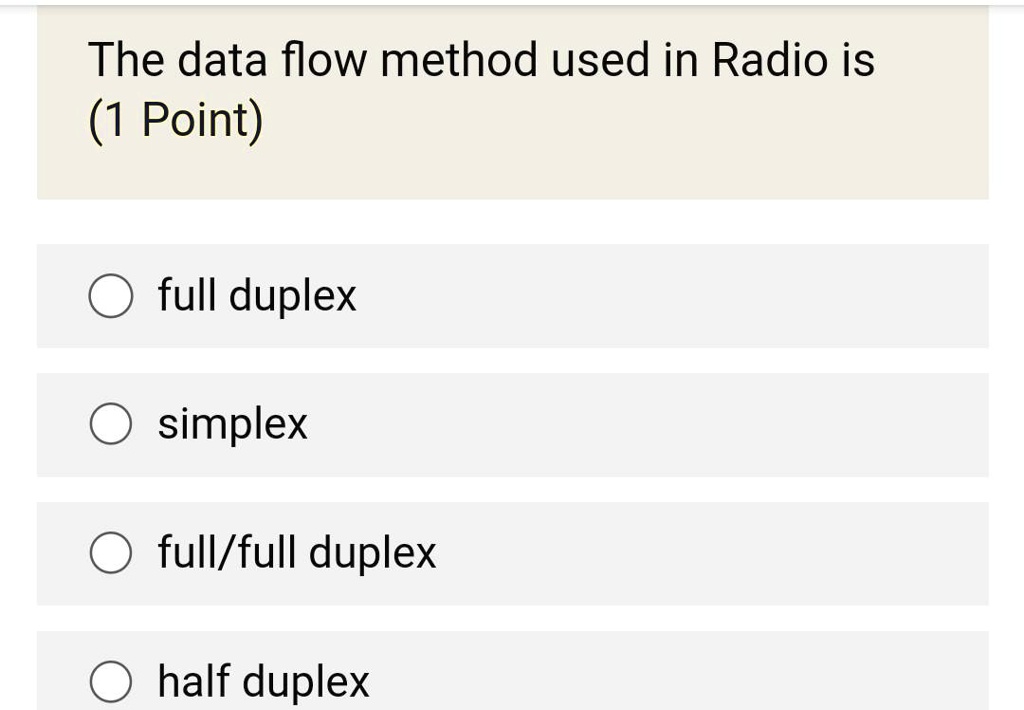 SOLVED: The data flow method used in Radio is (1 Point) full duplex ...