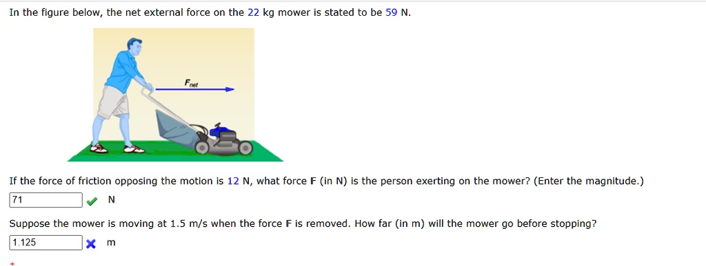 in the figure below the net external force on the 22 kg mower is stated to be 59 n if the force ...