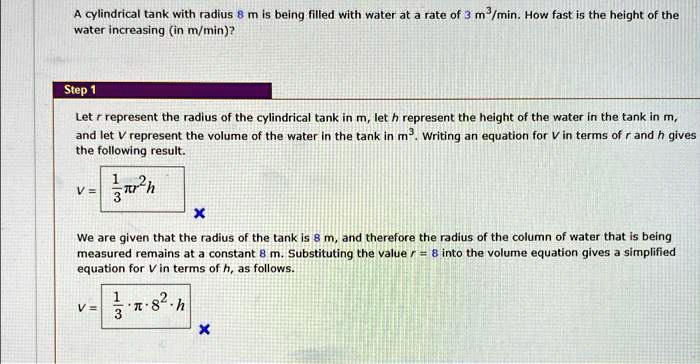 a cylindrical tank with radius 8 m is being filled with water at a rate ...