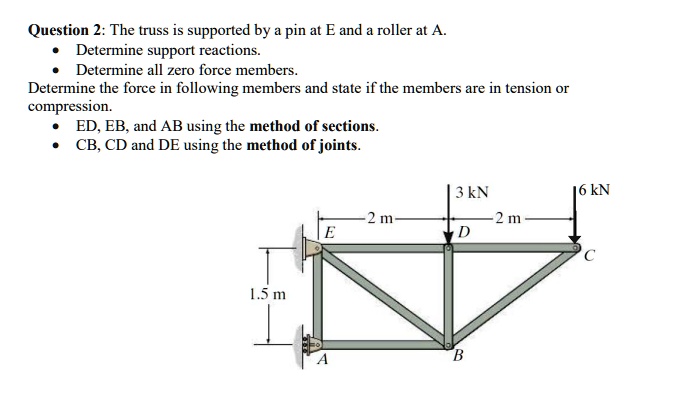 Question 2: The truss is supported by a pin at E and a roller at A ...