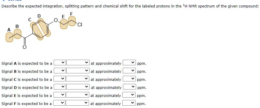 SOLVED: Describe the expected integration splitting pattern and chemical shift for the labeled ...