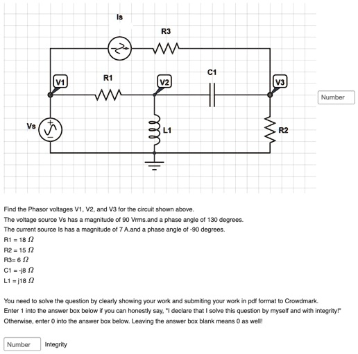 Find the Phasor voltages V1, V2, and V3 for the circuit shown above. The voltage source Vs has a ...