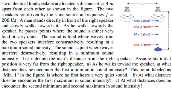 SOLVED: Two identical loudspeakers are located a distance d = 4 m apart ...