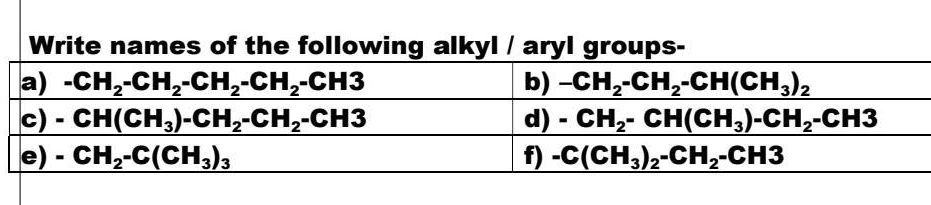 SOLVED: Write names of the following alkyl/aryl groups: SOLVED: Write names of the following alkyl/aryl groups: