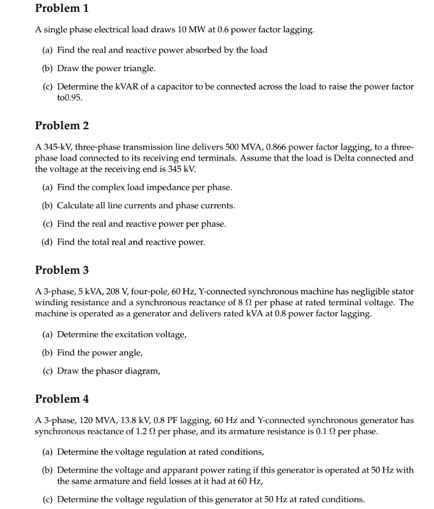 problem 1 a single phase electrical load draws 10 mw at 06 power factor lagging a find the real ...