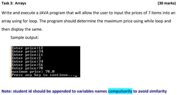 Solved Task 3 Arrays 30 Marks Write And Execute A Java Program That Will Allow The User To 2283