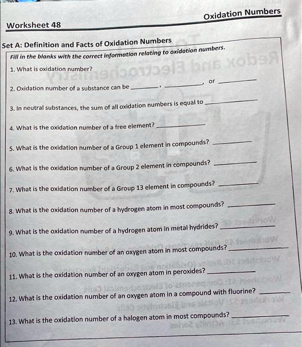 SOLVED: Oxidation Numbers Worksheet 48 Set A: Definition and Facts of ...