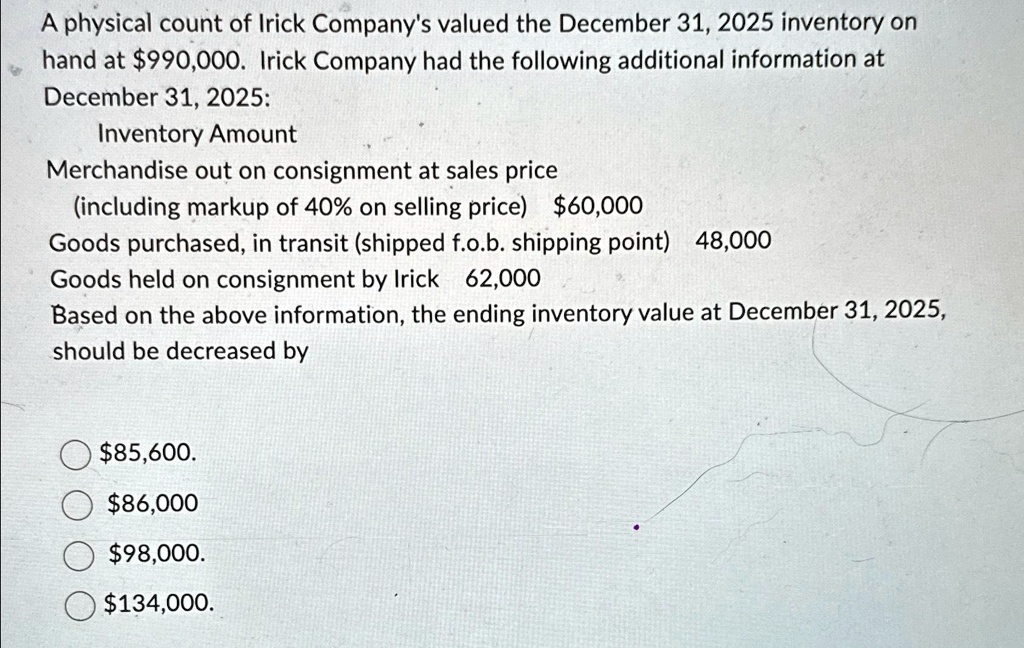 A physical count of Irick Company's valued the December 31, 2025 ...