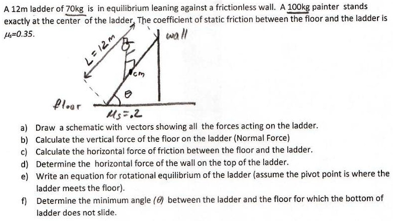 SOLVED: A 12m ladder of 70kg is in equilibrium leaning against ...