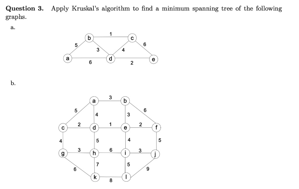 SOLVED: Question 3. Apply Kruskal's algorithm to find a minimum spanning tree of the following ...