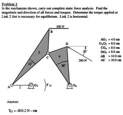 SOLVED: Problem 2: In the mechanism shown, carry out a complete static force analysis. Find the ...