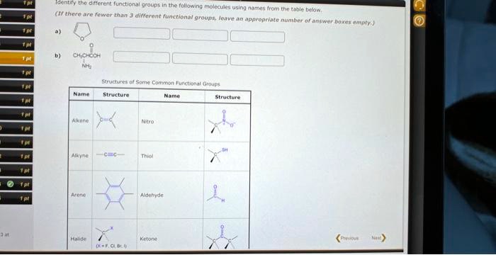 Identify the different functional groups in the following molecules using names from the table ...