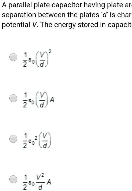 A parallel plate capacitor having plate area A and separation between ...