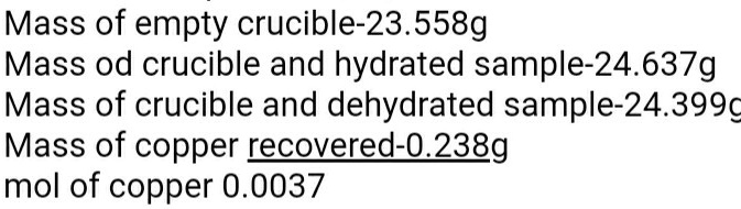 SOLVED: Mass of empty crucible - 23.558g Mass of crucible and hydrated ...