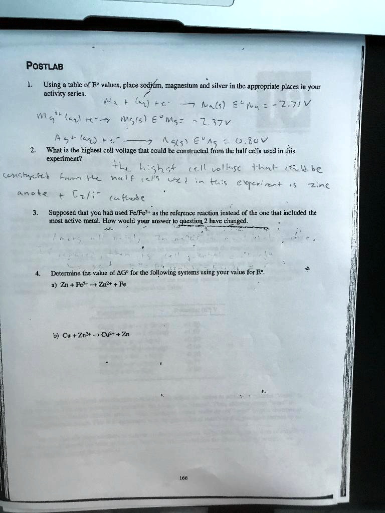 POSTLAB 1. Using a table of E° values, place sodium, magnesium and ...