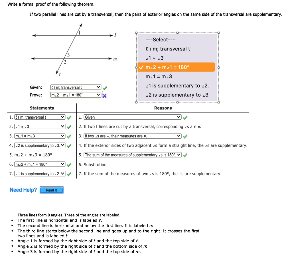 SOLVED: Write formal proof of the following theorem If two parallel lines are cut by transversal ...