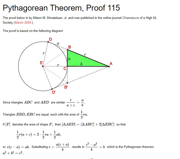 Pythagorean Theorem, Proof 115 The proof below is by Nileon M. Dimalaluan, Jr. and was published ...