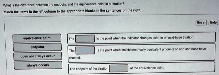What is the difference between the endpoint and the equivalence point in a titration? Match the ...