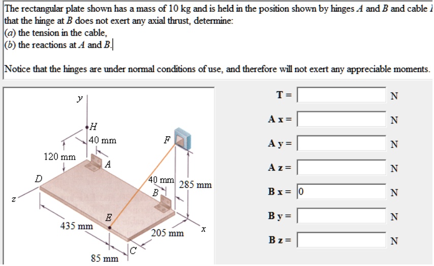 The rectangular plate shown has a mass of 10 kg and is held in the ...