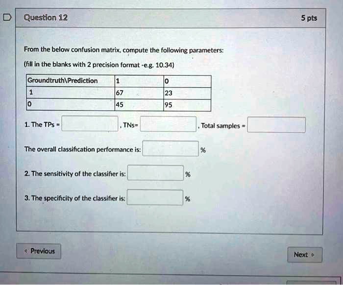 SOLVED: Question 12 5pts From the below confusion matrix, compute the ... SOLVED: Question 12 5pts From the below confusion matrix, compute the ...