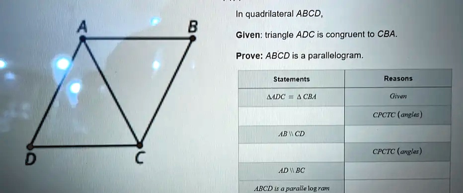 SOLVED: In quadrilateral ABCD, Given: triangle ADC is congruent to ...