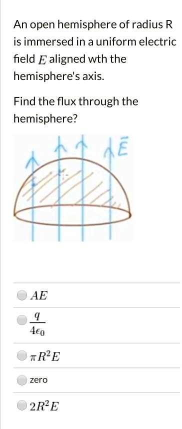SOLVED: An open hemisphere of radius R is immersed in a uniform electric field E aligned with ...