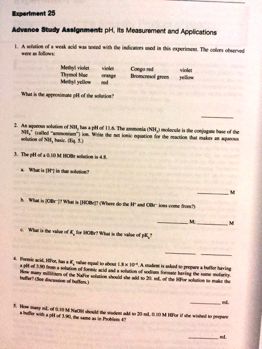 SOLVED: Experiment 25 Advanced Study Assignment: pH, Its Measurement ...