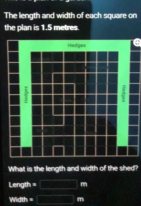 The length and width of each square on the plan is 1.5 metres. Hedges ...