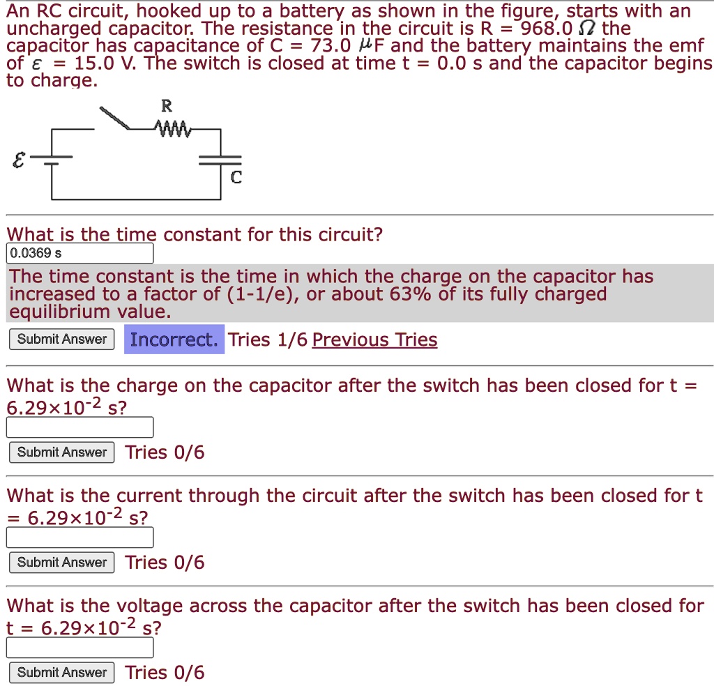 SOLVED: An RC circuit, hooked up to a battery as shown in the figure, starts with an uncharged ...
