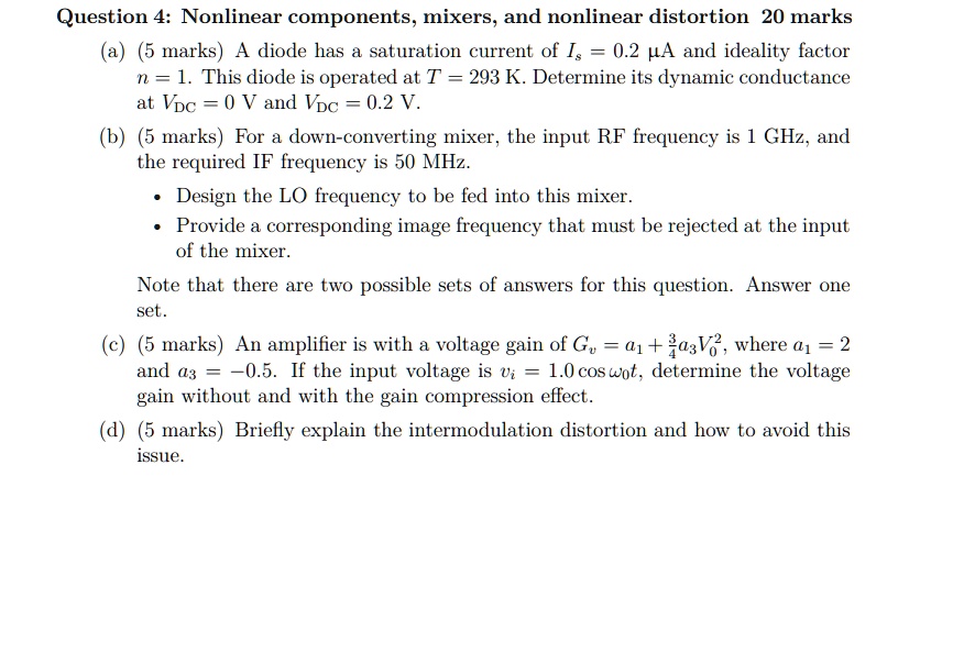 Solved Question 4 Nonlinear Components Mixers And Nonlinear Distortion 20 Marks A Diode