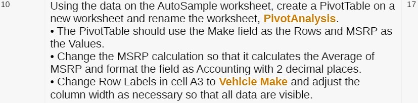 Solved Using The Data On The Autosample Worksheet Create A Pivottable