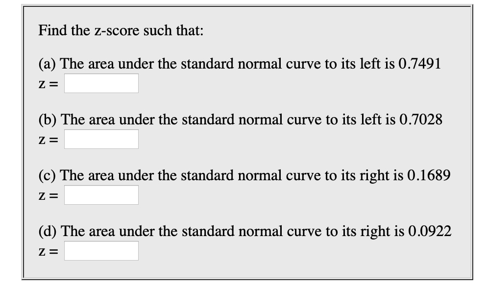find the z score such that a the area under the standard normal curve to its left is 07491 the ...