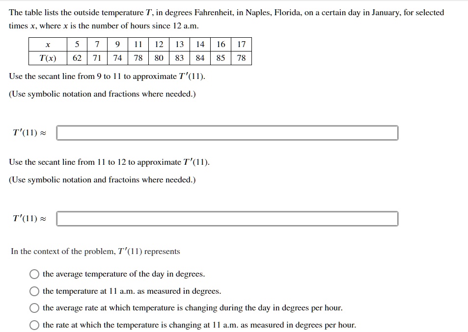 SOLVED: The table lists the outside temperature T, in degrees ...