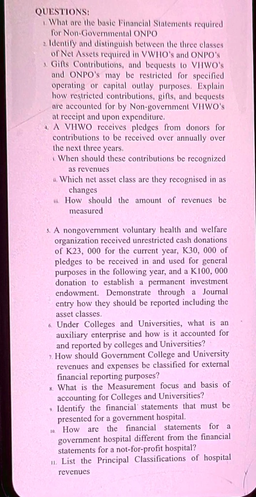 QUESTIONS: 1. What are the basic Financial Statements required for Non-Governmental ONPO 2 ...