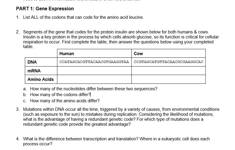 SOLVED: PART 1: Gene Expression List ALL of the codons that can code ...