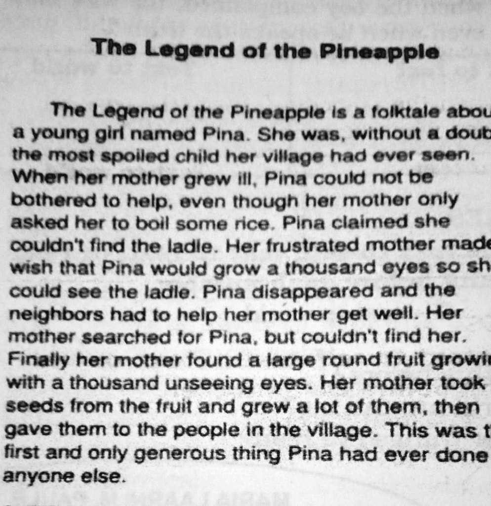 read the legend of pineapple after reading it write about howthe story ...