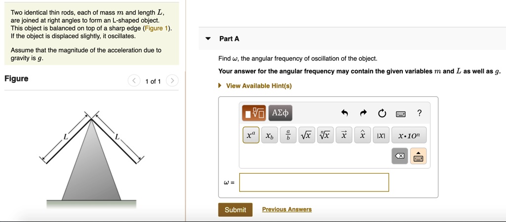 Two identical thin rods, each of mass m and length L, are joined at ...